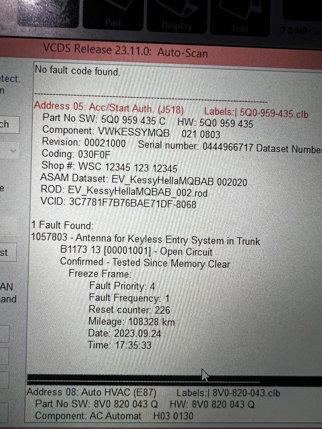 1057803 antenna for keyless entry system in trunk open circuit fault ...