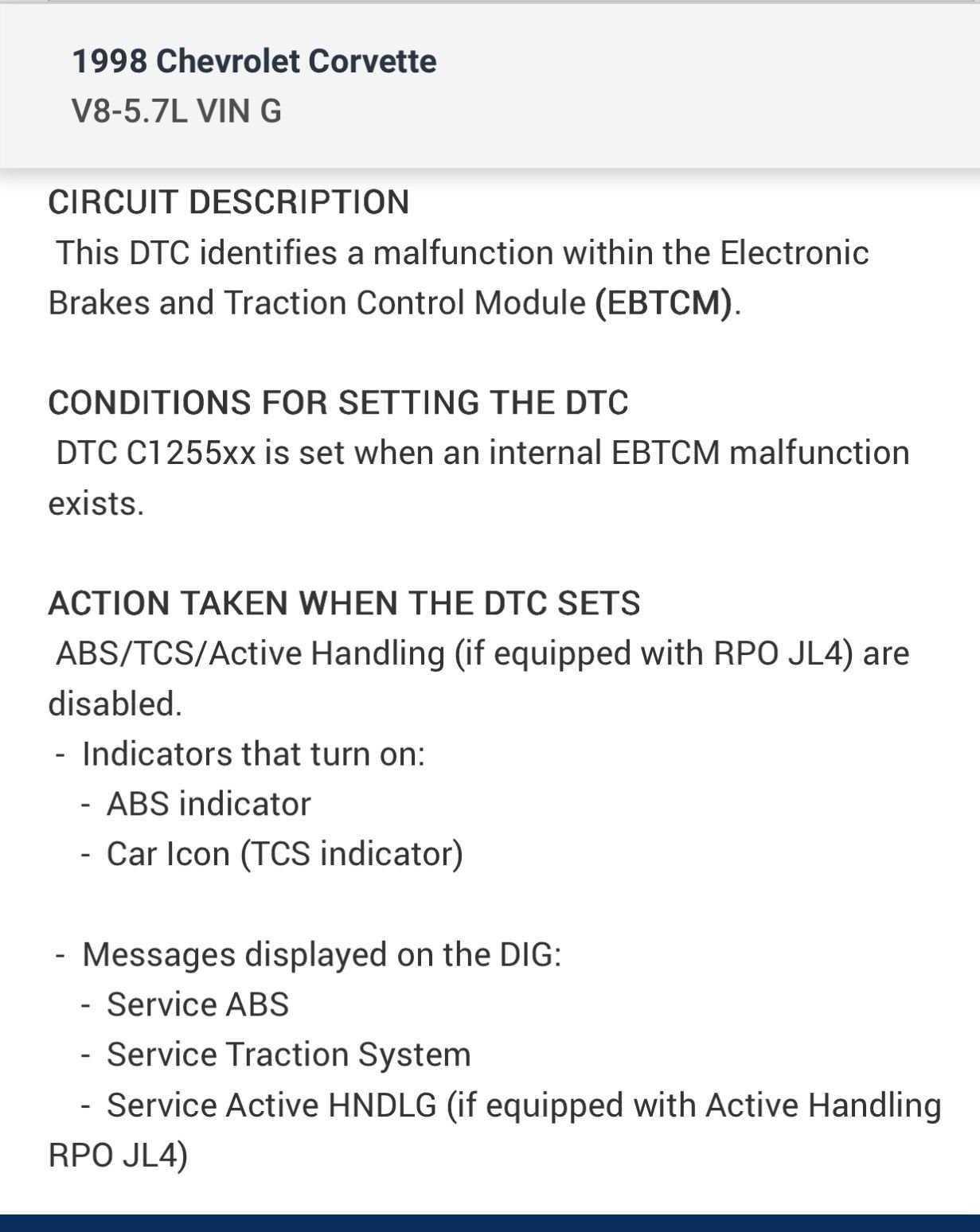 1998 C5 w/ 40k miles ABS/Trac Lights Codes C1233 & C1255 ...
