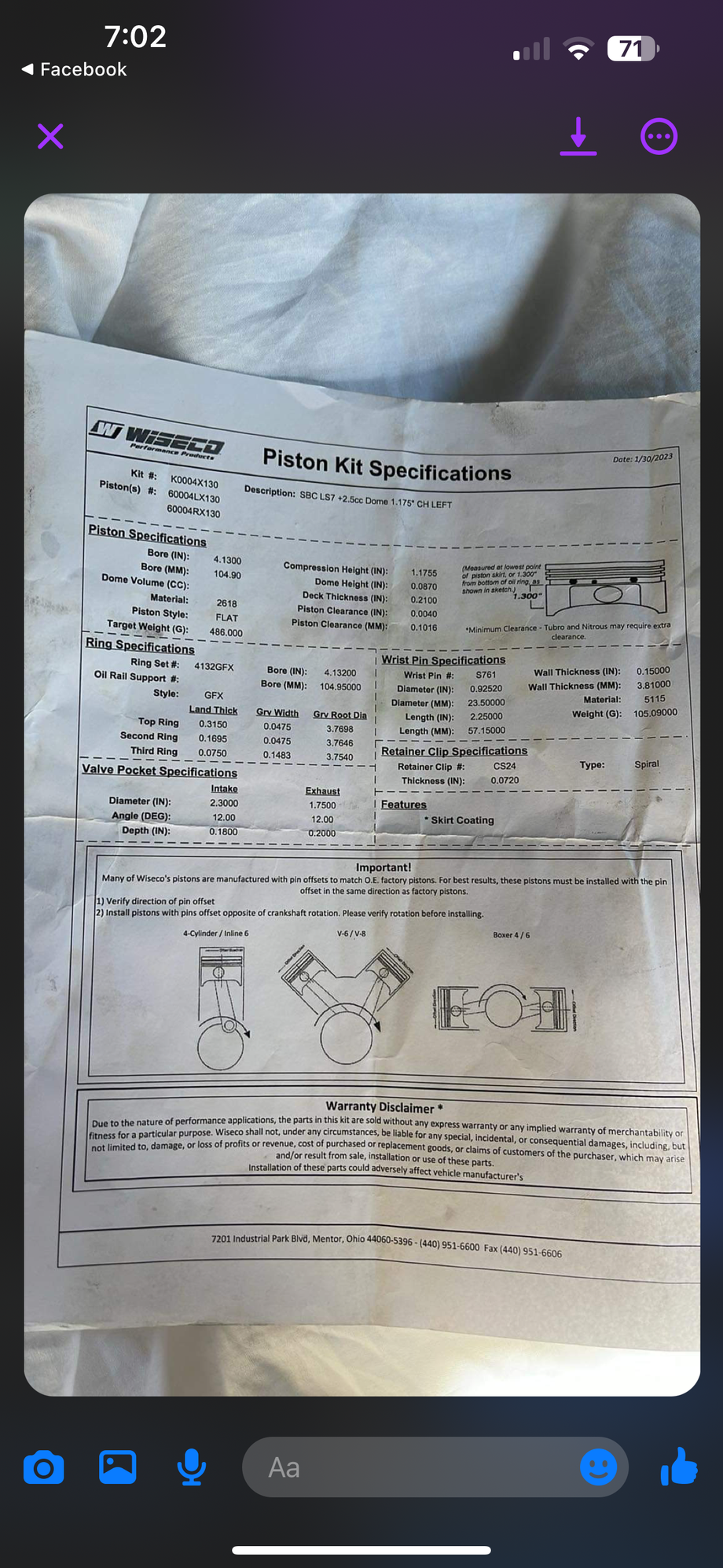 FS (For Sale) Ls7 rotating assembly with forged wiesco 4.130 pistons - CorvetteForum - Chevrolet ...