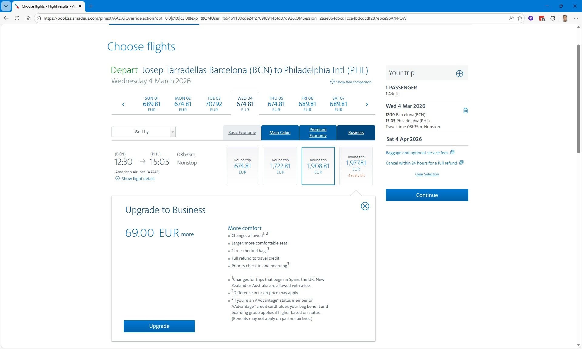 deceptive "upgrade to business class for only"... offer on flight ...