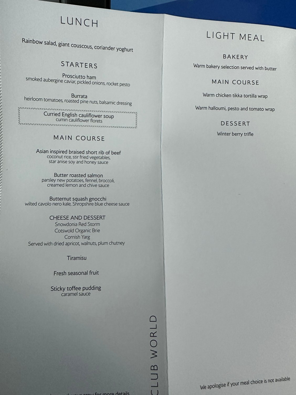Club World dining - restoration of full menu - 28 October 2022 - Page ...