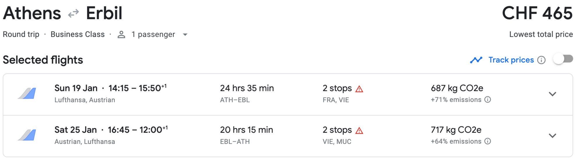 LH/OS (Business) HON run - ATH-FRA-VIE-EBL 560 HON CP for 465 CHF ...