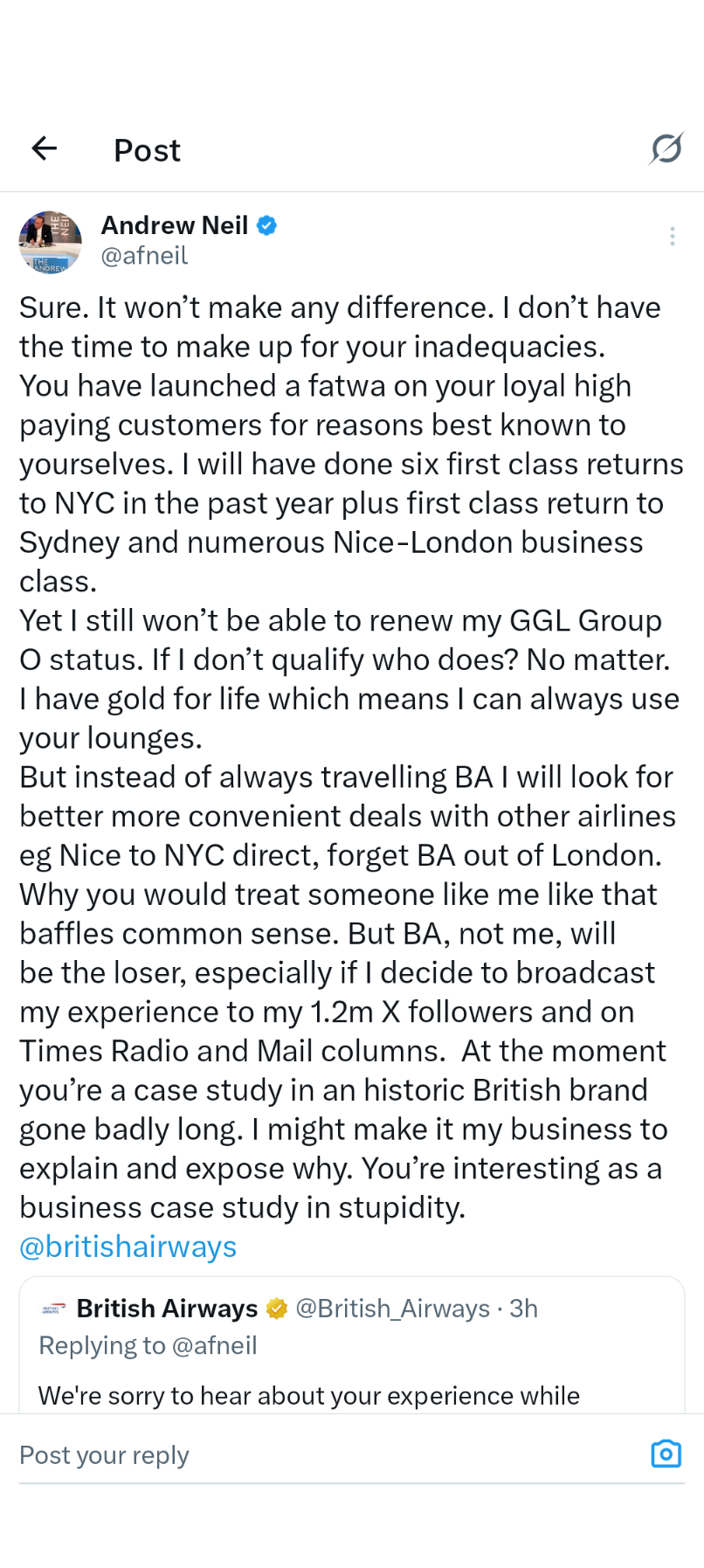 Andrew Neil on X letting rip at BA - FlyerTalk Forums