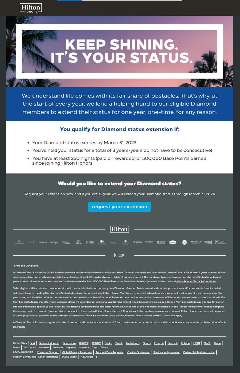 Hilton to offer Diamond Status Extension for 2023 - Page 6 - FlyerTalk ...