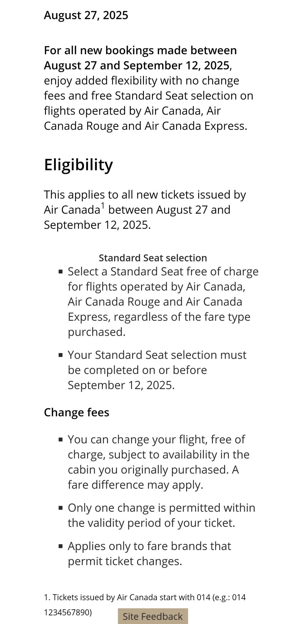 1st change no change fee and free standard seats between now until September 12th - FlyerTalk Forums